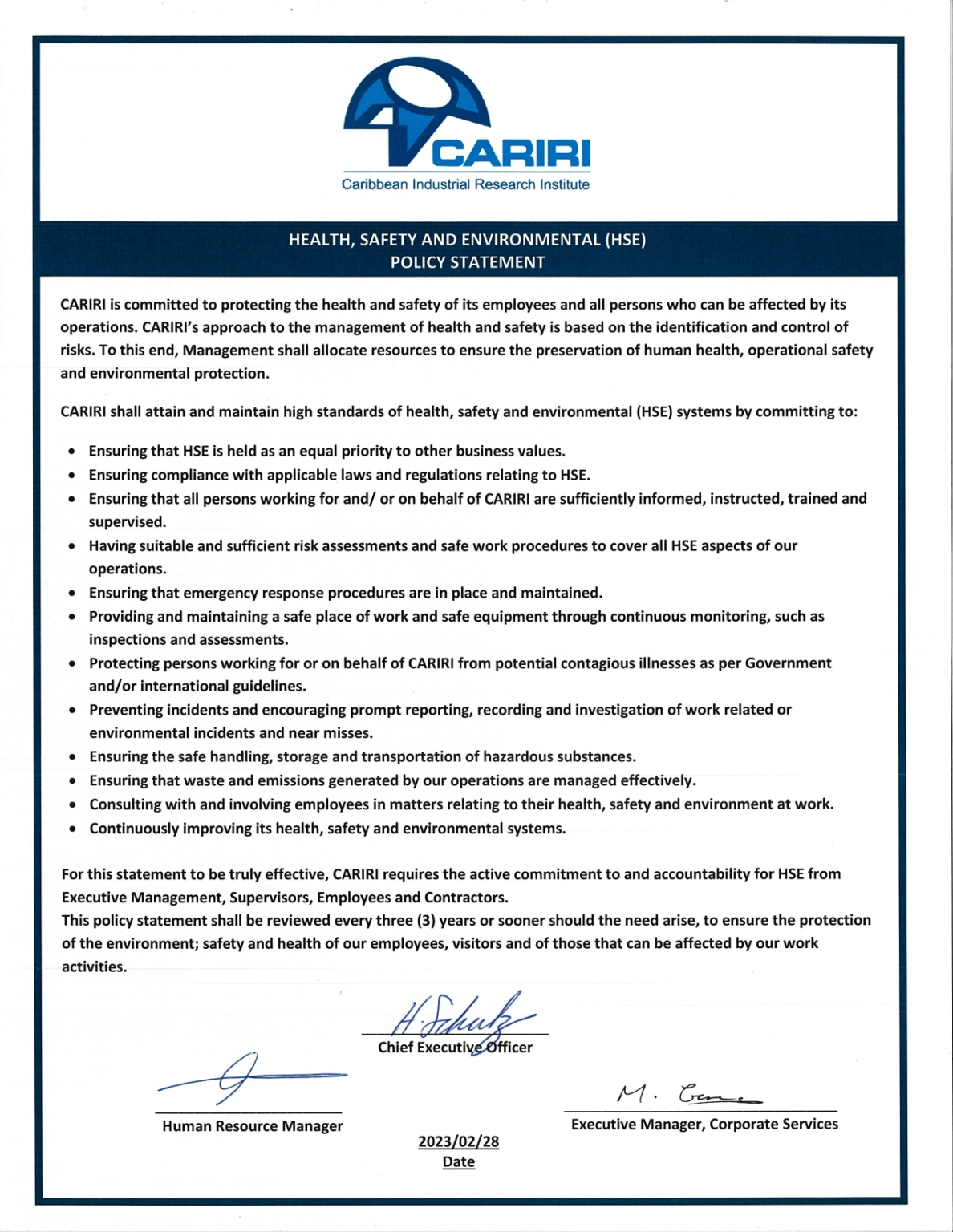 Policy Statements – The Caribbean Industrial Research Institute(CARIRI)