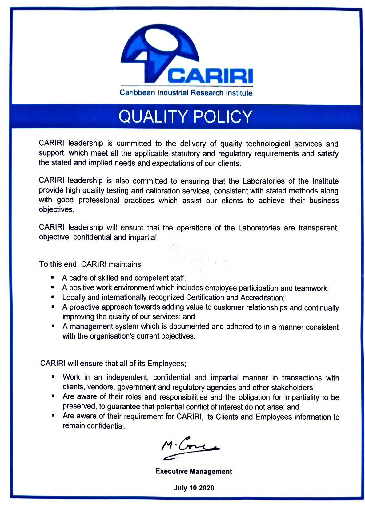 Policy Statements – The Caribbean Industrial Research Institute(CARIRI)