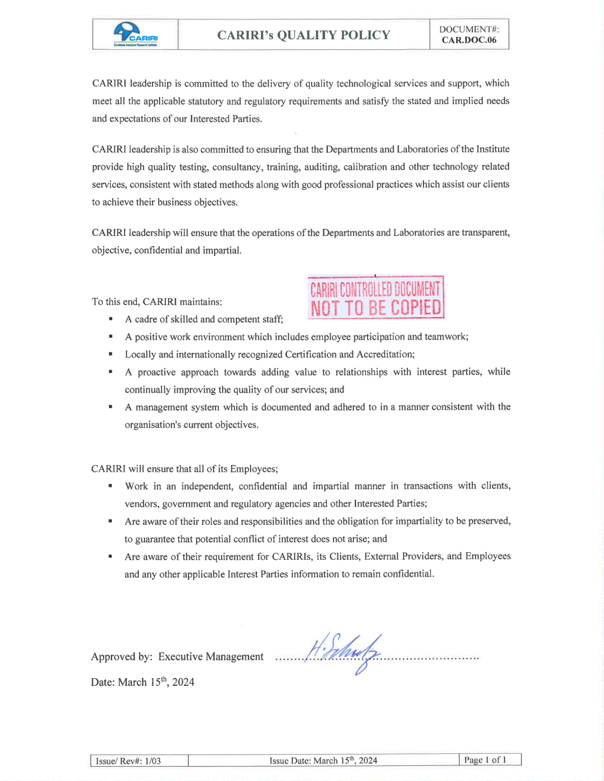 Policy Statements – The Caribbean Industrial Research Institute(CARIRI)