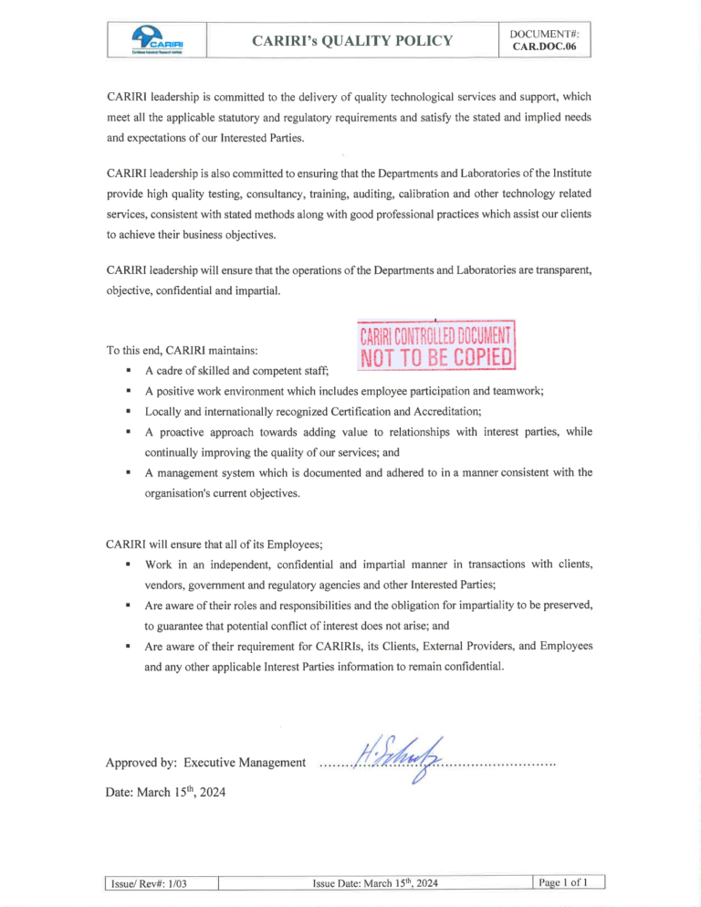 Policy Statements – The Caribbean Industrial Research Institute(CARIRI)